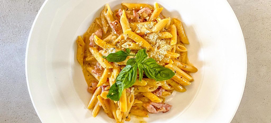 Bacon Bits Creamy Penne Pasta Recipe - Georgie's Pork